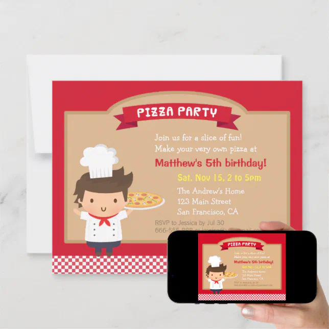 Cute Pizza Chef Boy Birthday Party Invitations | Zazzle