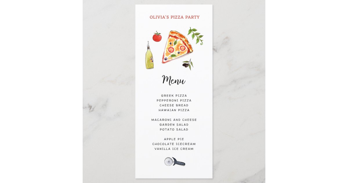 Cute Pizza Party Menu Card | Zazzle