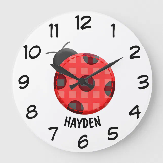 Cute Plaid Red Ladybug Personalised Kids Large Clock | Zazzle