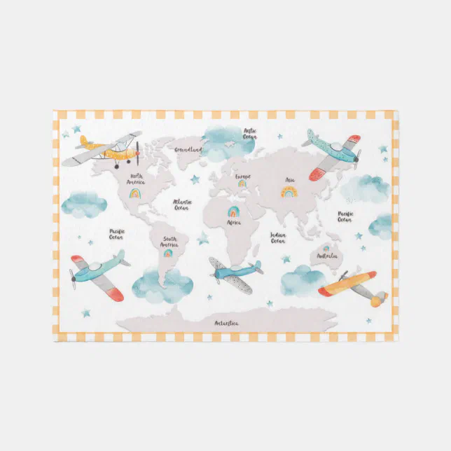 Cute Planes Clouds Rainbows World Map Play Nursery Rug | Zazzle