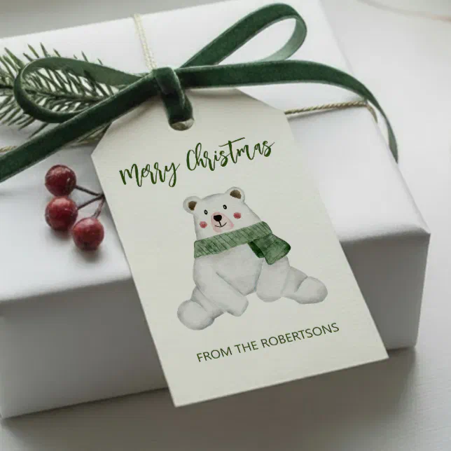 Cute Polar Bear Wearing Green Scarf Christmas Gift Tags | Zazzle