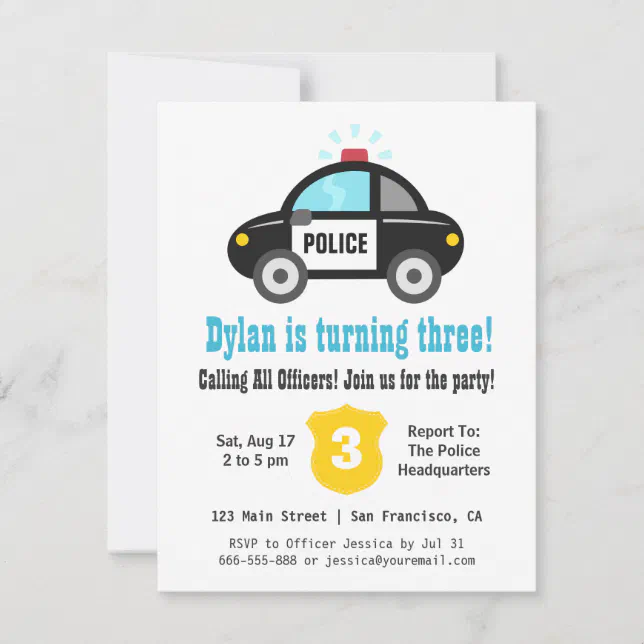 Cute Police Car Kids Birthday Party Invitations | Zazzle