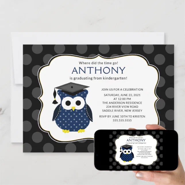 Cute Polka dots Grad Owl Boy Graduation Invitation | Zazzle