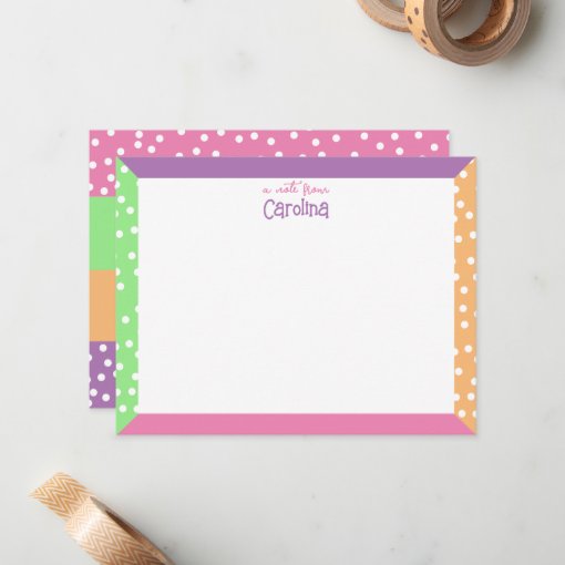Cute Polka Dots & Pastel Frame Girly Stationery Note Card | Zazzle