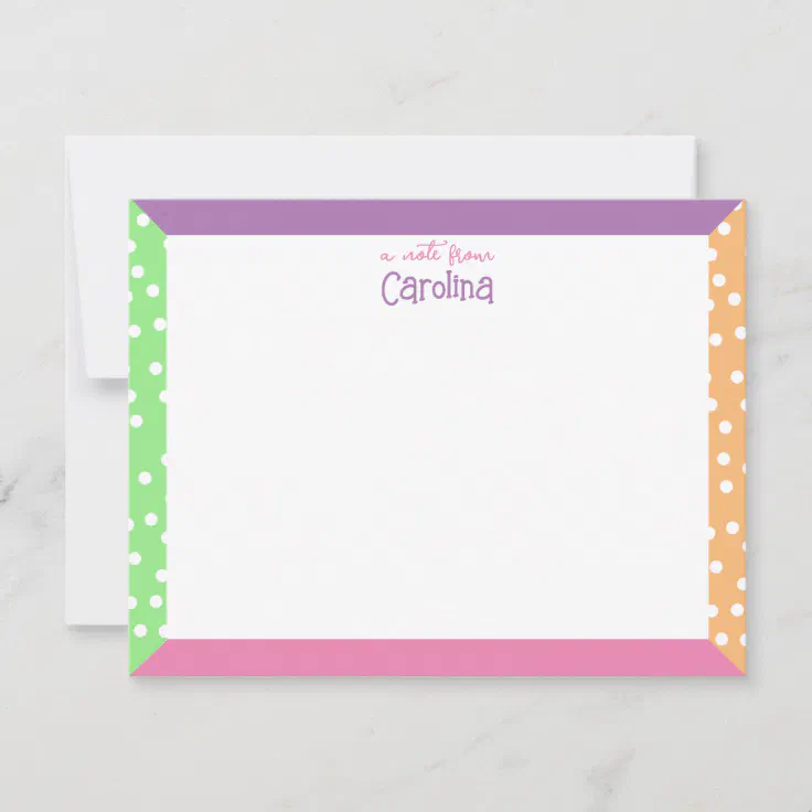 Cute Polka Dots & Pastel Frame Girly Stationery Note Card | Zazzle