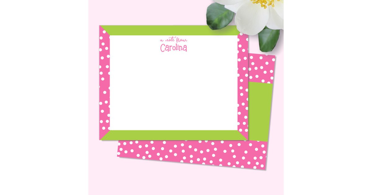 Cute Polka Dots Pink Green Frame Girly Stationery Note Card | Zazzle