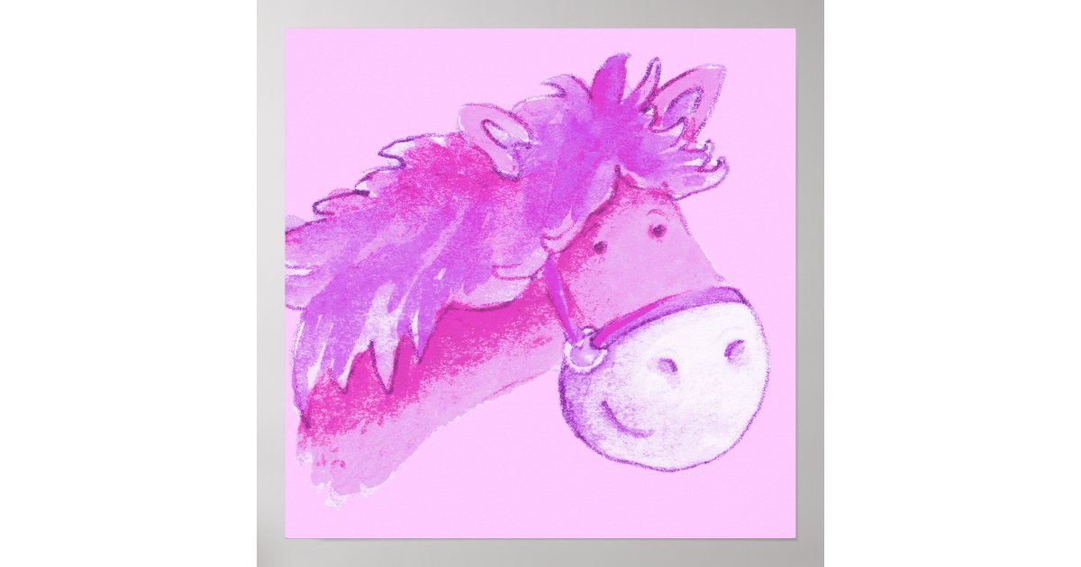 Cute pony art pink square poster print | Zazzle