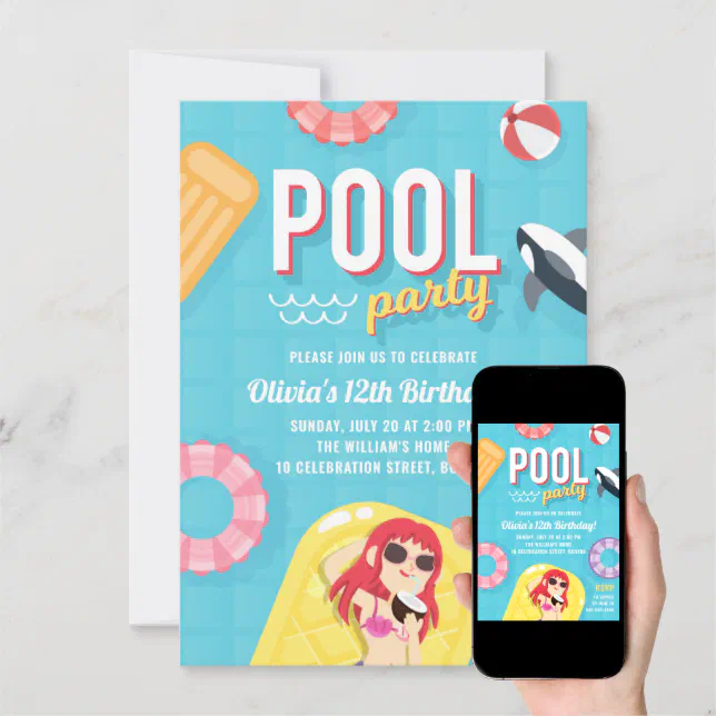 Cute Pool Party Birthday Invitation | Blue Purple | Zazzle