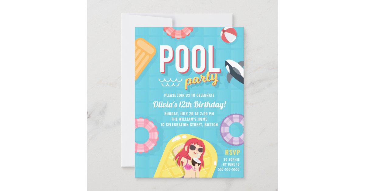 Cute Pool Party Birthday Invitation | Blue Purple | Zazzle