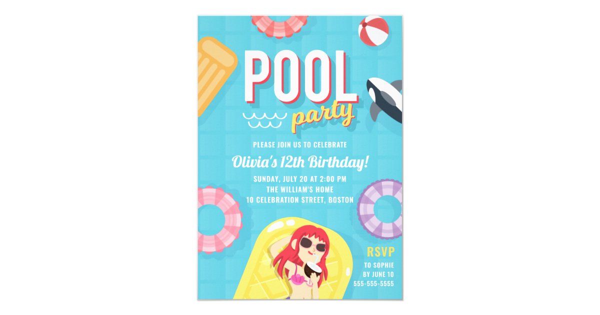 Cute Pool Party Birthday Invitation | Blue Purple | Zazzle.com