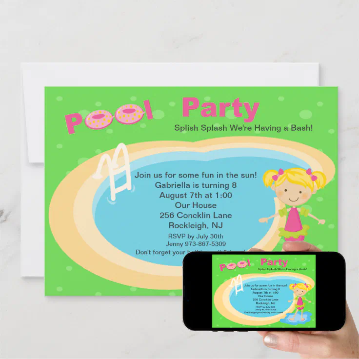 Cute Pool Party Girls Birthday Invitation | Zazzle