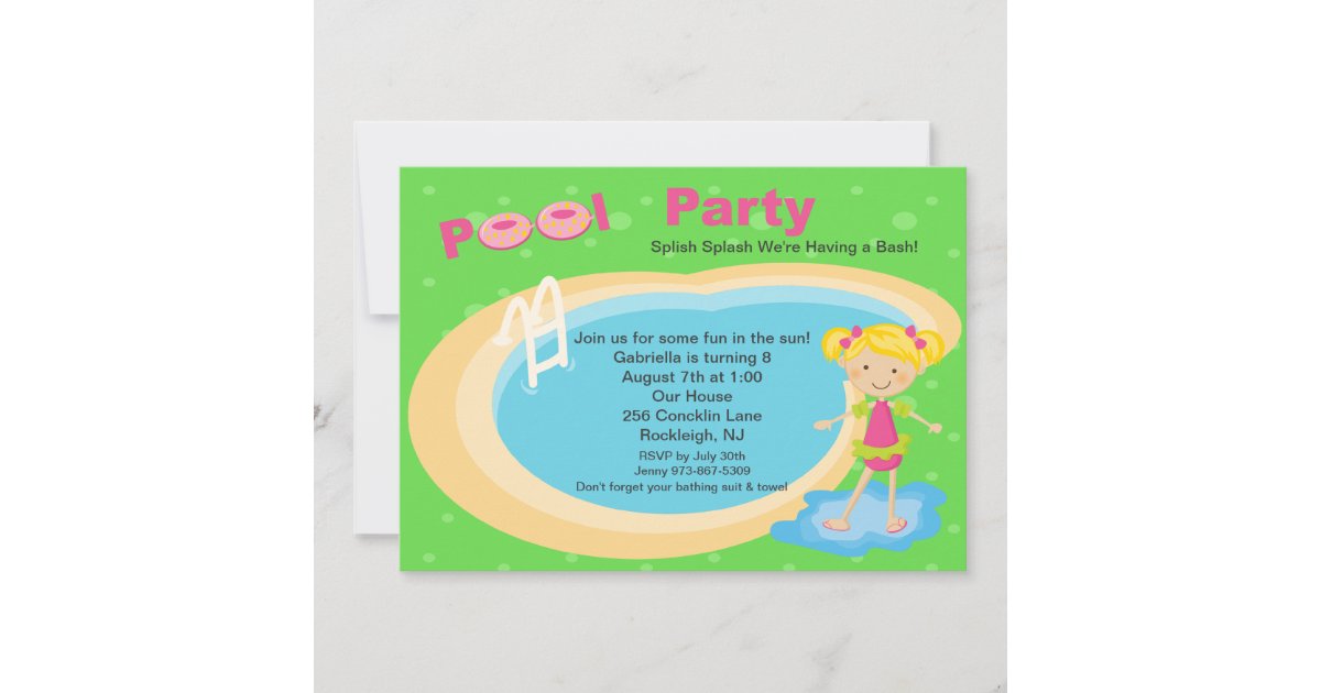 Cute Pool Party Girls Birthday Invitation | Zazzle