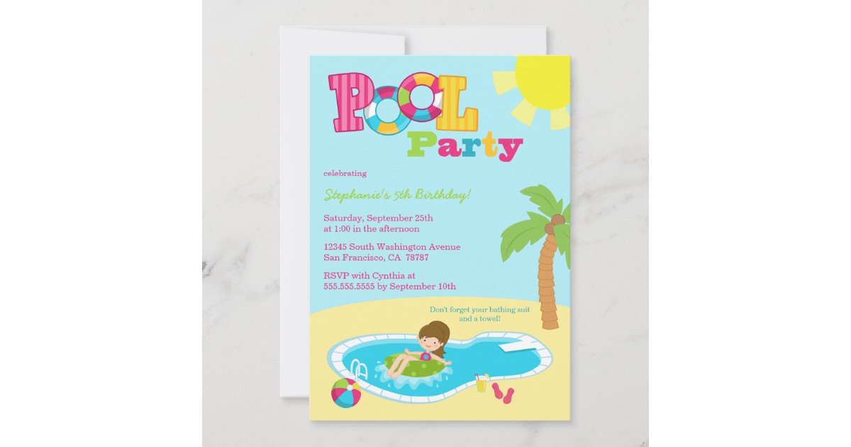 Cute pool party girls birthday party invitation | Zazzle