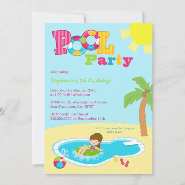Cute pool party girls birthday party invitation | Zazzle