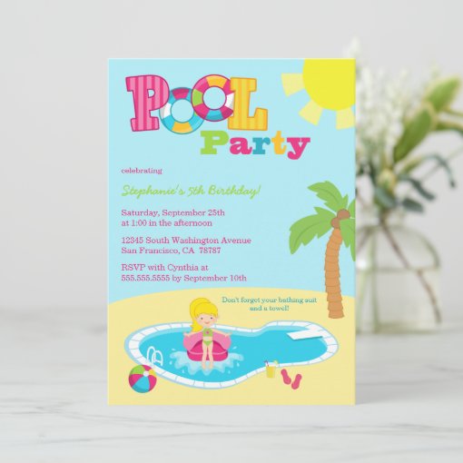 Cute pool party girls birthday party invitation | Zazzle