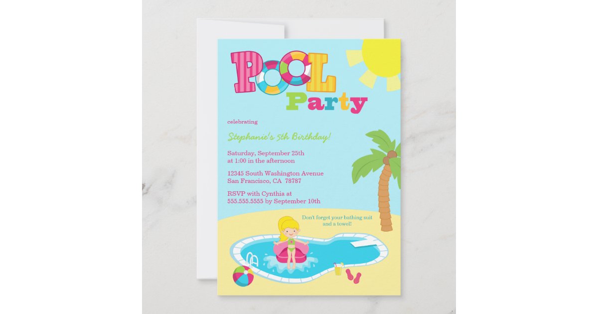 Cute pool party girls birthday party invitation | Zazzle
