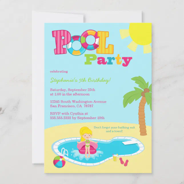 Cute pool party girls birthday party invitation | Zazzle