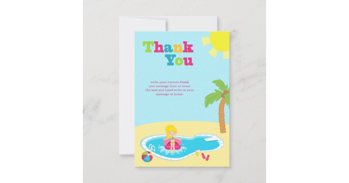 Cute pool party girls birthday thank you card | Zazzle