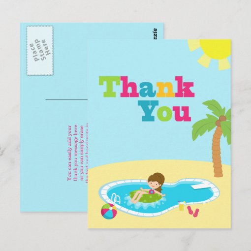 Cute pool party girls birthday thank you post card | Zazzle