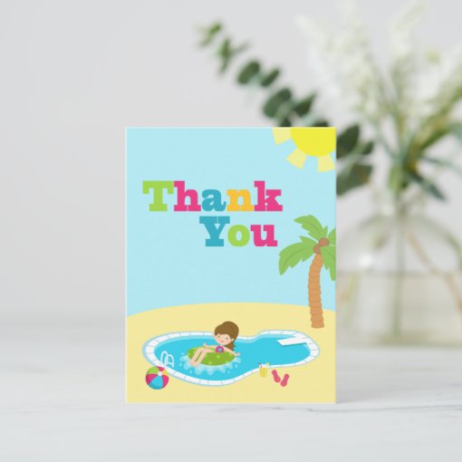 Cute pool party girls birthday thank you post card | Zazzle