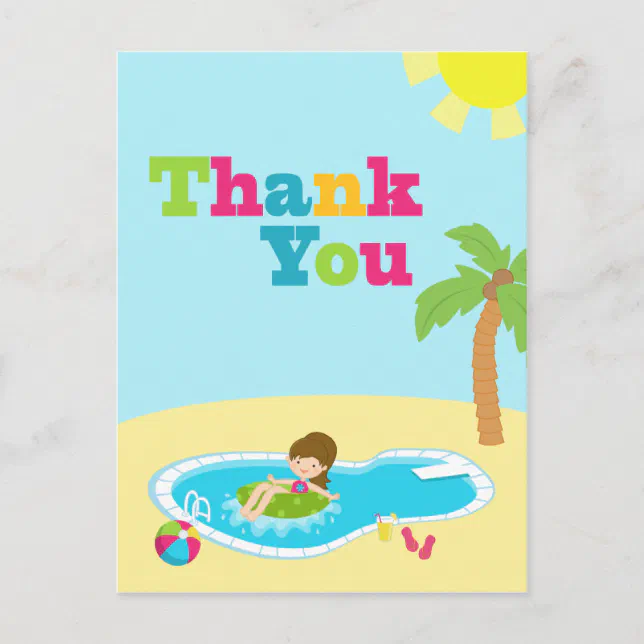 Cute pool party girls birthday thank you post card | Zazzle