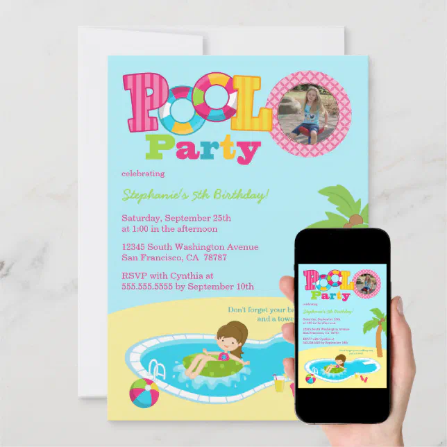 Cute pool party girls photo birthday party invite | Zazzle