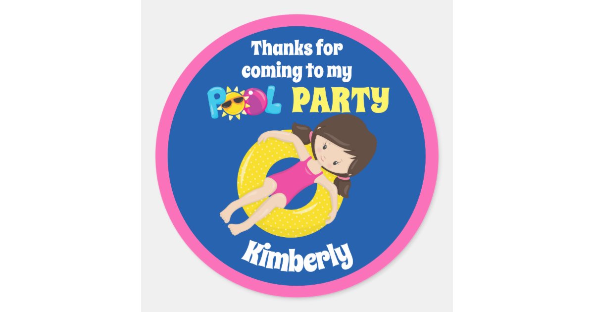 Cute Pool Party Swimming Birthday Girl Custom Classic Round Sticker ...