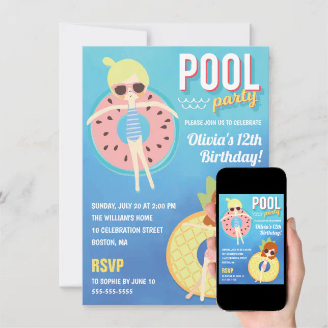 Cute Pool Party Watercolor | Girl Birthday Invitation | Zazzle