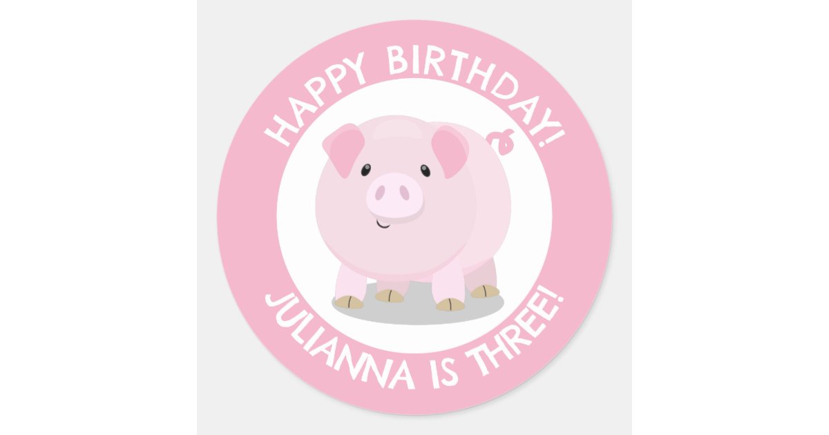 Cute potbelly pig cartoon personalized birthday classic round sticker ...