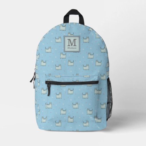Cute Powder Blue Cats Pattern with Monogram Printed Backpack | Zazzle