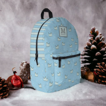 Cute Powder Blue Cats Pattern with Monogram Printed Backpack | Zazzle