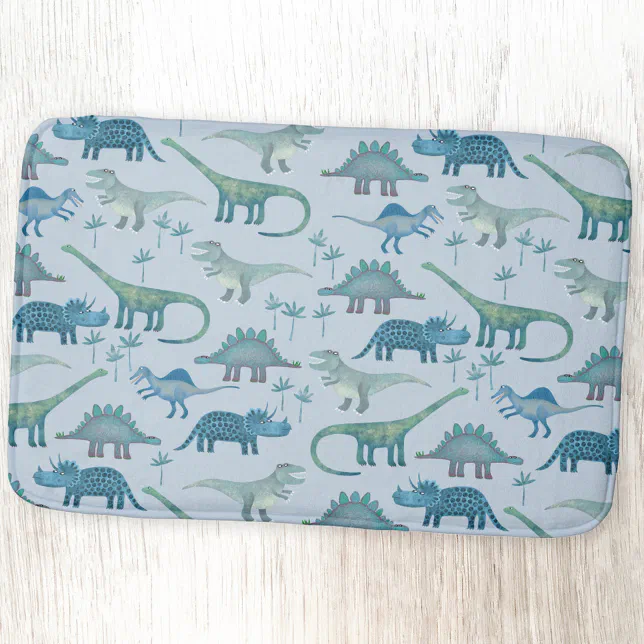 Cute Prehistoric Blue Dinosaur Pattern Bath Mat | Zazzle