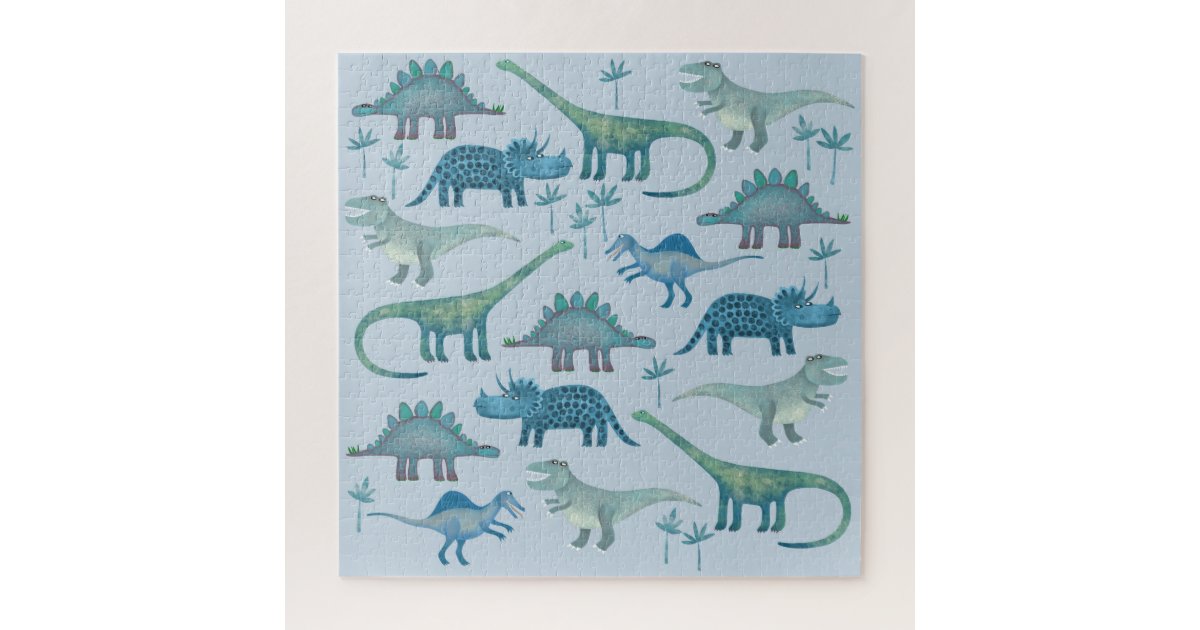 Cute Prehistoric Blue Dinosaur Pattern Jigsaw Puzzle | Zazzle