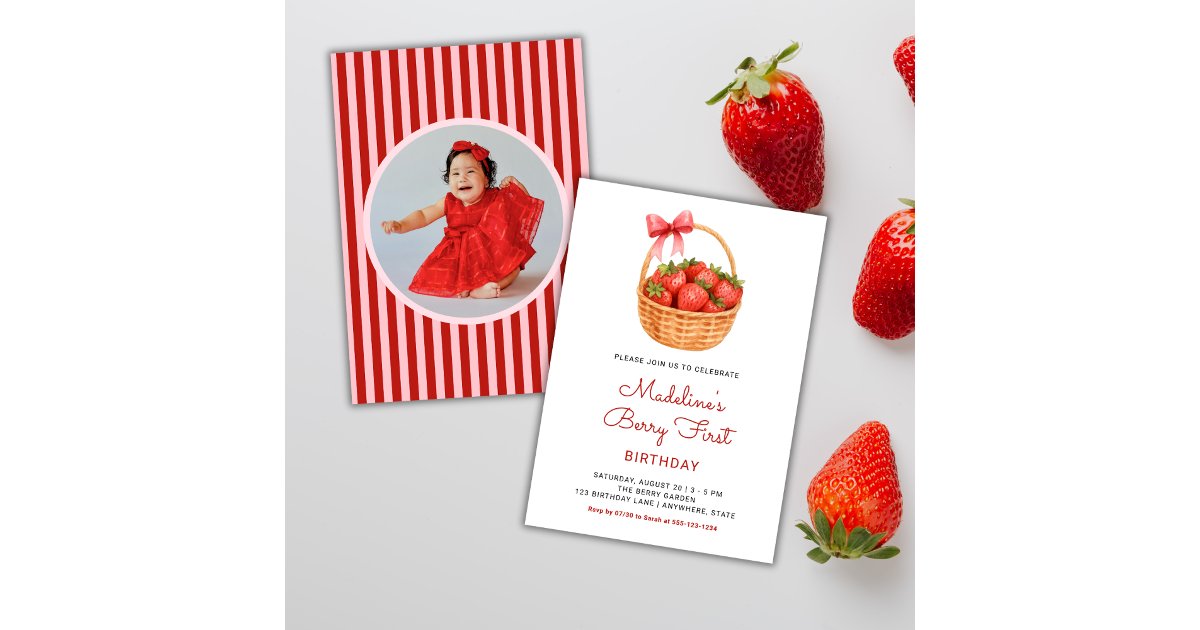 Cute Preppy Berry First 1st Birthday Photo Invitation | Zazzle