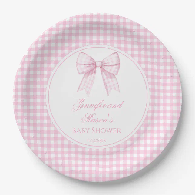 Cute preppy pink bow ribbon baby girl shower paper plates | Zazzle