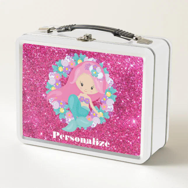 Cute Pretty Mermaid Pink Glitter Personalized Metal Lunch Box | Zazzle