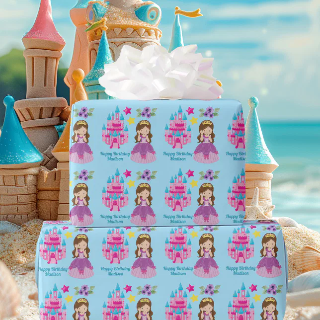 Cute Princess Castle Custom Ice Blue Birthday Girl Wrapping Paper | Zazzle