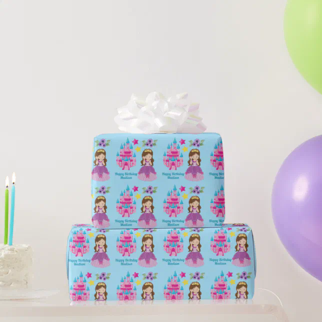 Cute Princess Castle Custom Ice Blue Birthday Girl Wrapping Paper | Zazzle