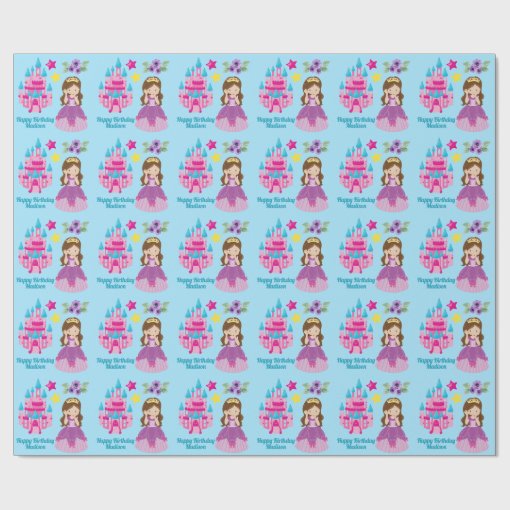 Cute Princess Castle Custom Ice Blue Birthday Girl Wrapping Paper | Zazzle