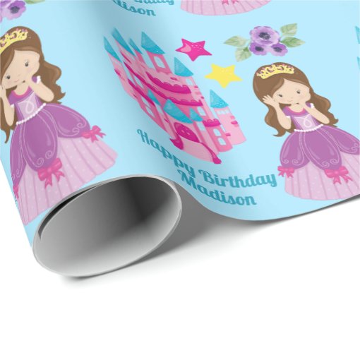 Cute Princess Castle Custom Ice Blue Birthday Girl Wrapping Paper | Zazzle