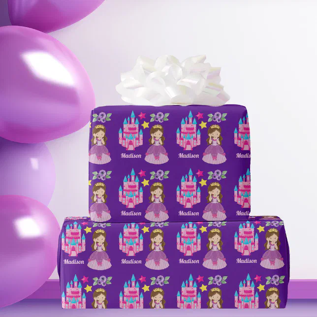 Cute Princess Castle Custom Purple Birthday Girl Wrapping Paper | Zazzle