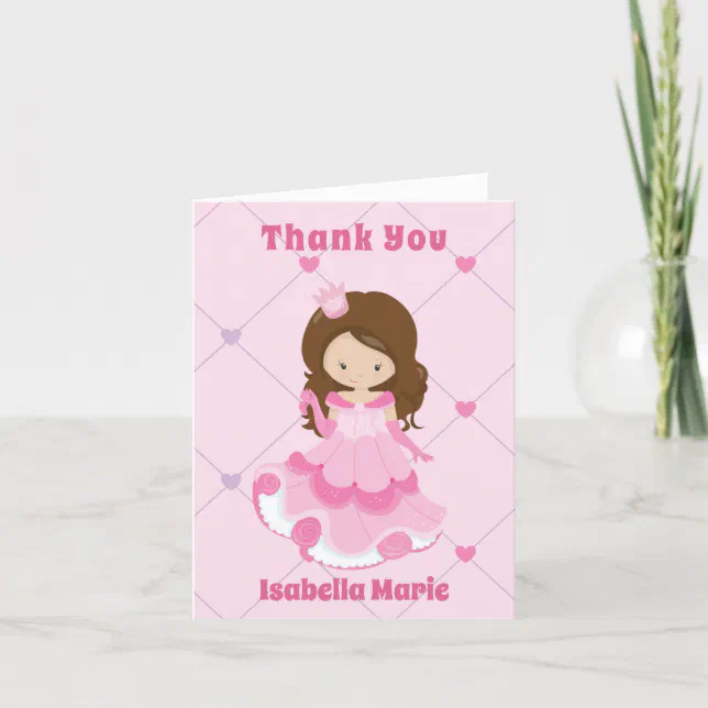 Cute Princess Girl Pink Personalized Kids Thank You Card | Zazzle