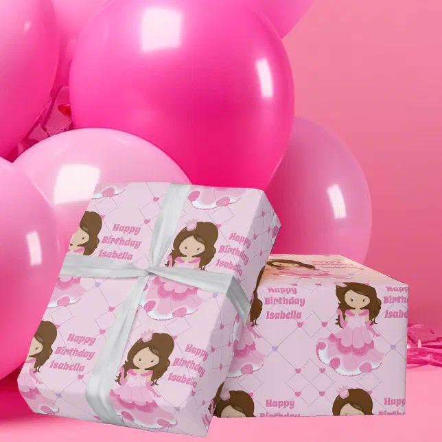 Cute Princess Happy Birthday Pink Custom Girls Wrapping Paper | Zazzle