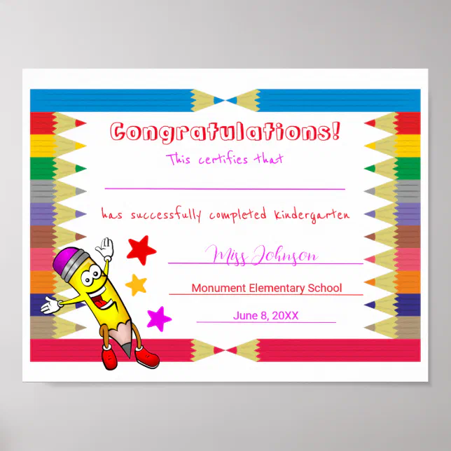 Cute Printable Kindergarten Graduation Certificate Poster | Zazzle