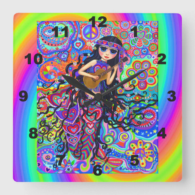 Cute Psychedelic Hippie Mermaid Girl Chick Guitar Square Wall Clock ...