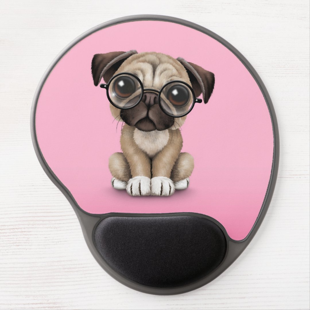 Cute Pug Puppy Dog Wearing Reading Glasses, Pink Gel Mouse Pad | Zazzle