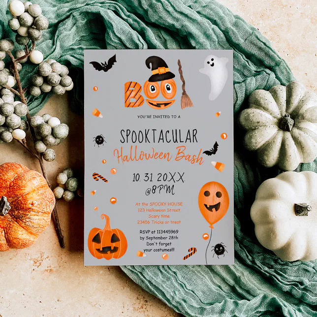 Cute pumpkin Boo Halloween bash gray Invitation | Zazzle