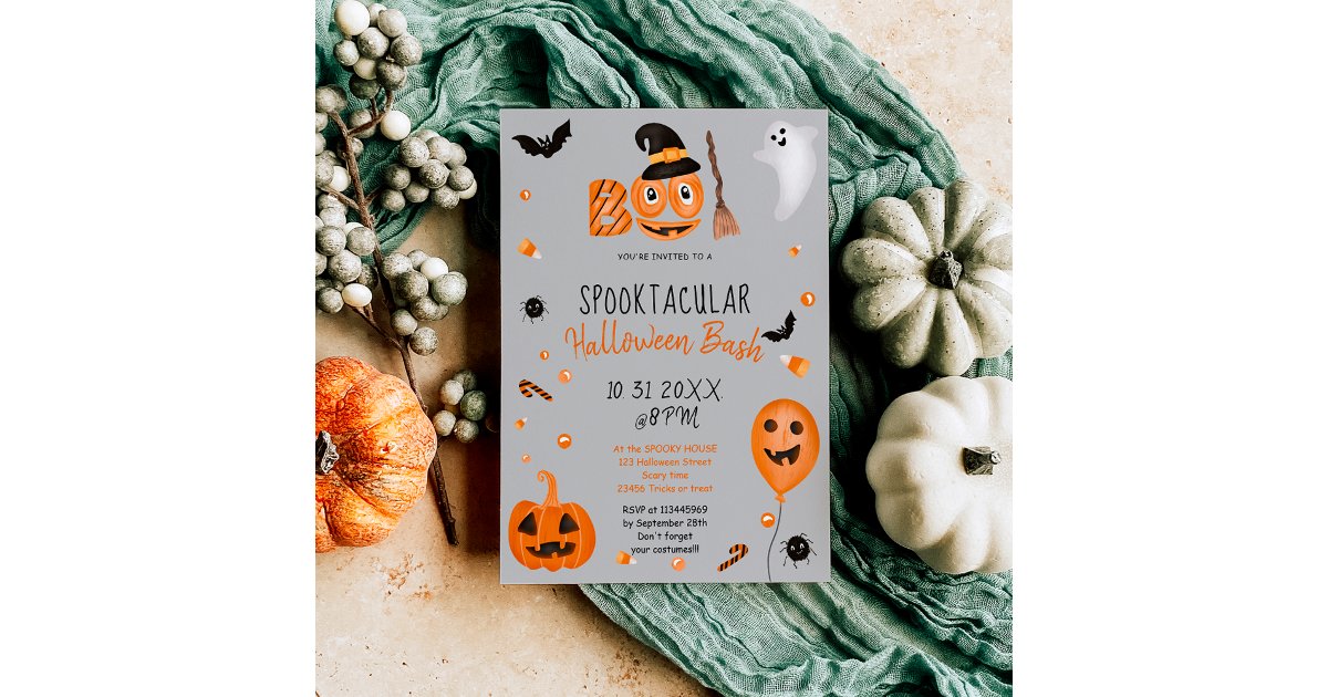 Cute pumpkin Boo Halloween bash gray Invitation | Zazzle