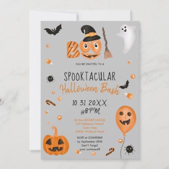 Cute pumpkin Boo Halloween bash gray Invitation | Zazzle