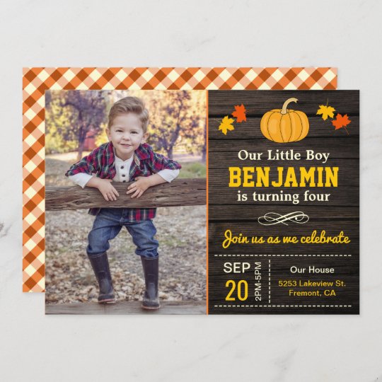 Cute Pumpkin Boy Autumn Birthday Photo Invitation | Zazzle.com